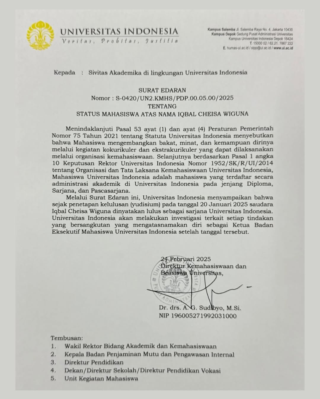 Lulus Jadi Sarjana , Iqbal Tak Seharusnya Aktif sebagai Ketua BEM UI
